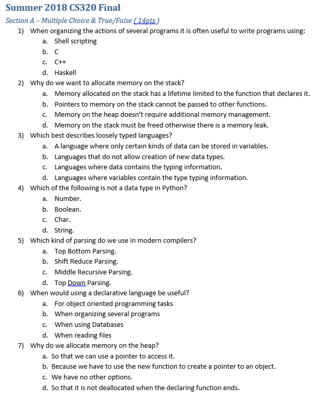 Solved Summer 2018 CS320 Final Section A - Multiple Choice & | Chegg.com
