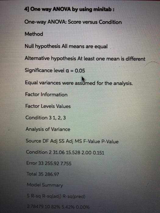 Solved 4] One way ANOVA by using minitab : One-way ANOVA: | Chegg.com