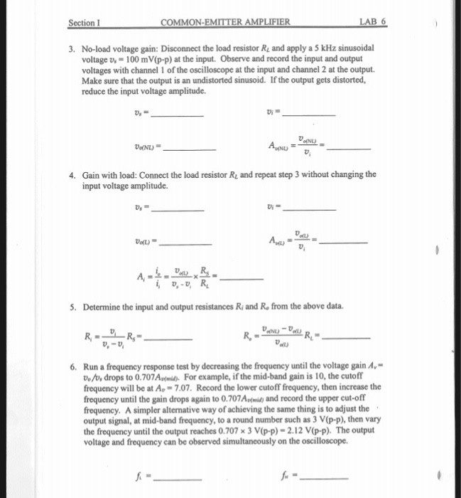 COMMON-EMITTER AMPLIFIER LAB 6 Section I No-load | Chegg.com