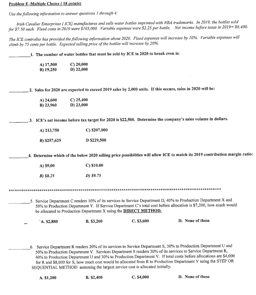 Solved Problem E-Multiple Choice (18 points) Use the | Chegg.com