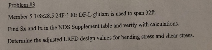 Solved Problem #3 Member 5 1/8x28.5 24F-1.8E DF-L glulam is | Chegg.com