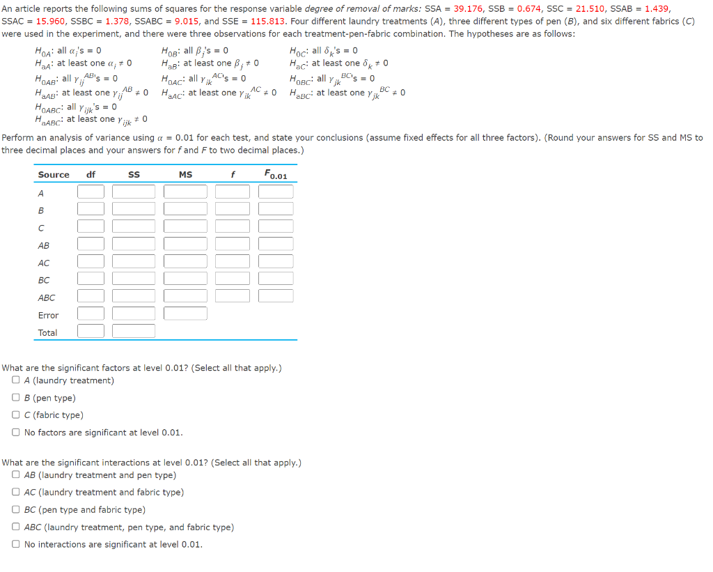 Solved An article reports the following sums of squares for | Chegg.com