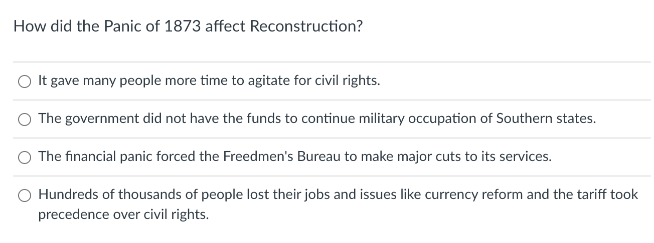 Solved How did the Panic of 1873 affect Reconstruction? It | Chegg.com