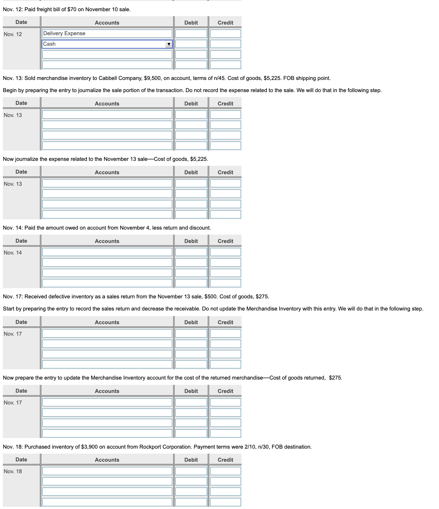 Solved Nov. 4 Purchased merchandise inventory on account | Chegg.com