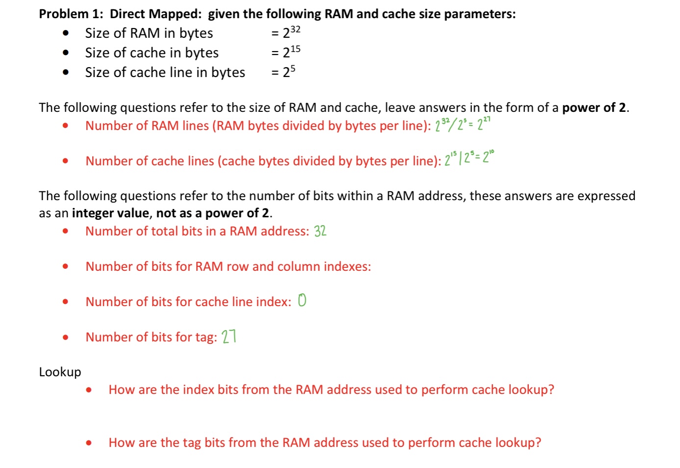 Solved Problem 1: Direct Mapped: given the following RAM and | Chegg.com