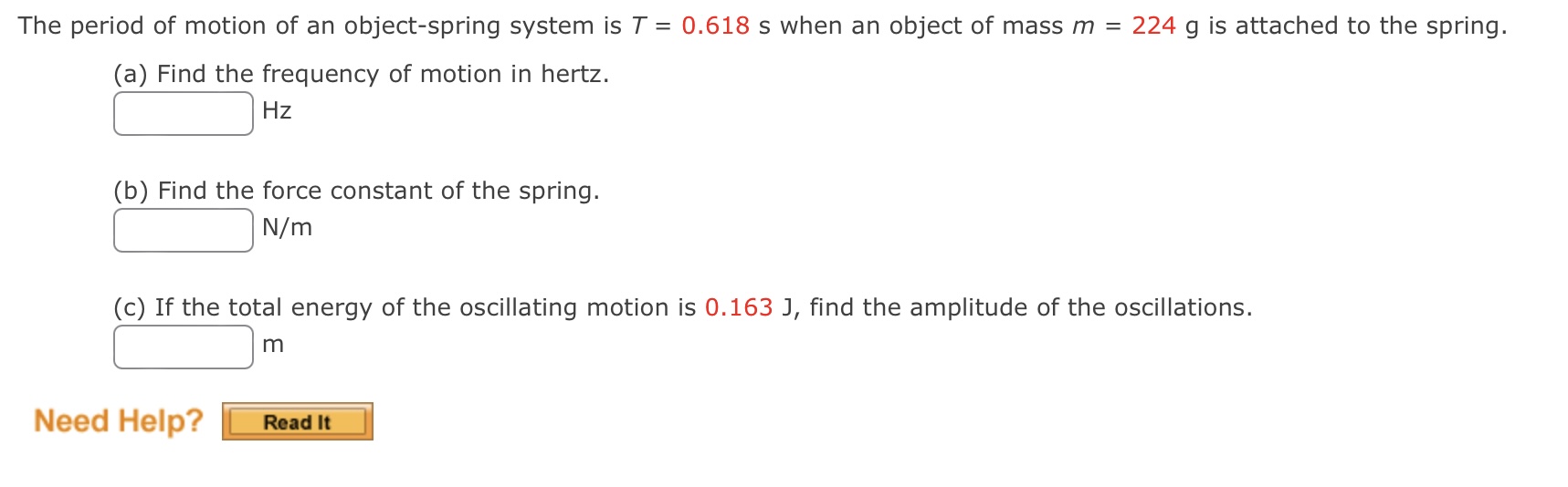 Solved The period of motion of an object-spring system is | Chegg.com