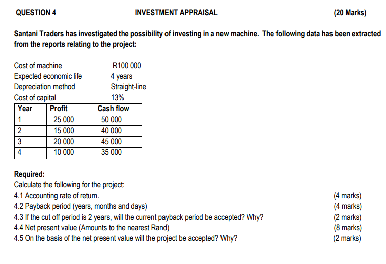 Solved QUESTION 4 INVESTMENT APPRAISAL (20 Marks) Santani | Chegg.com
