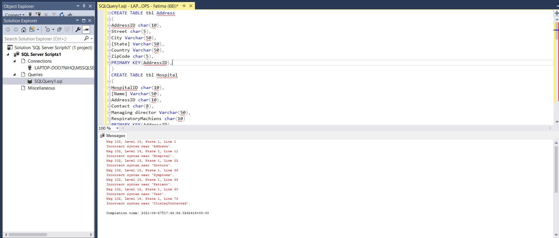 Solved + Object Explorer x SQL Query1.sql - LAP...OPS - | Chegg.com