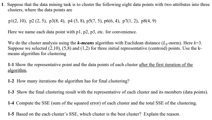 Solved 1. Suppose that the data mining task is to cluster | Chegg.com