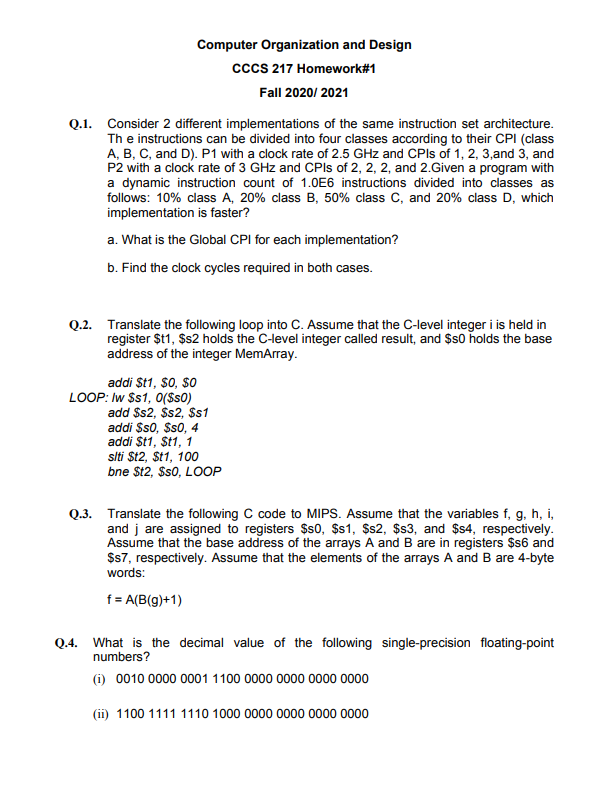 Computer Organization and Design CCCS 217 Homework#1 | Chegg.com