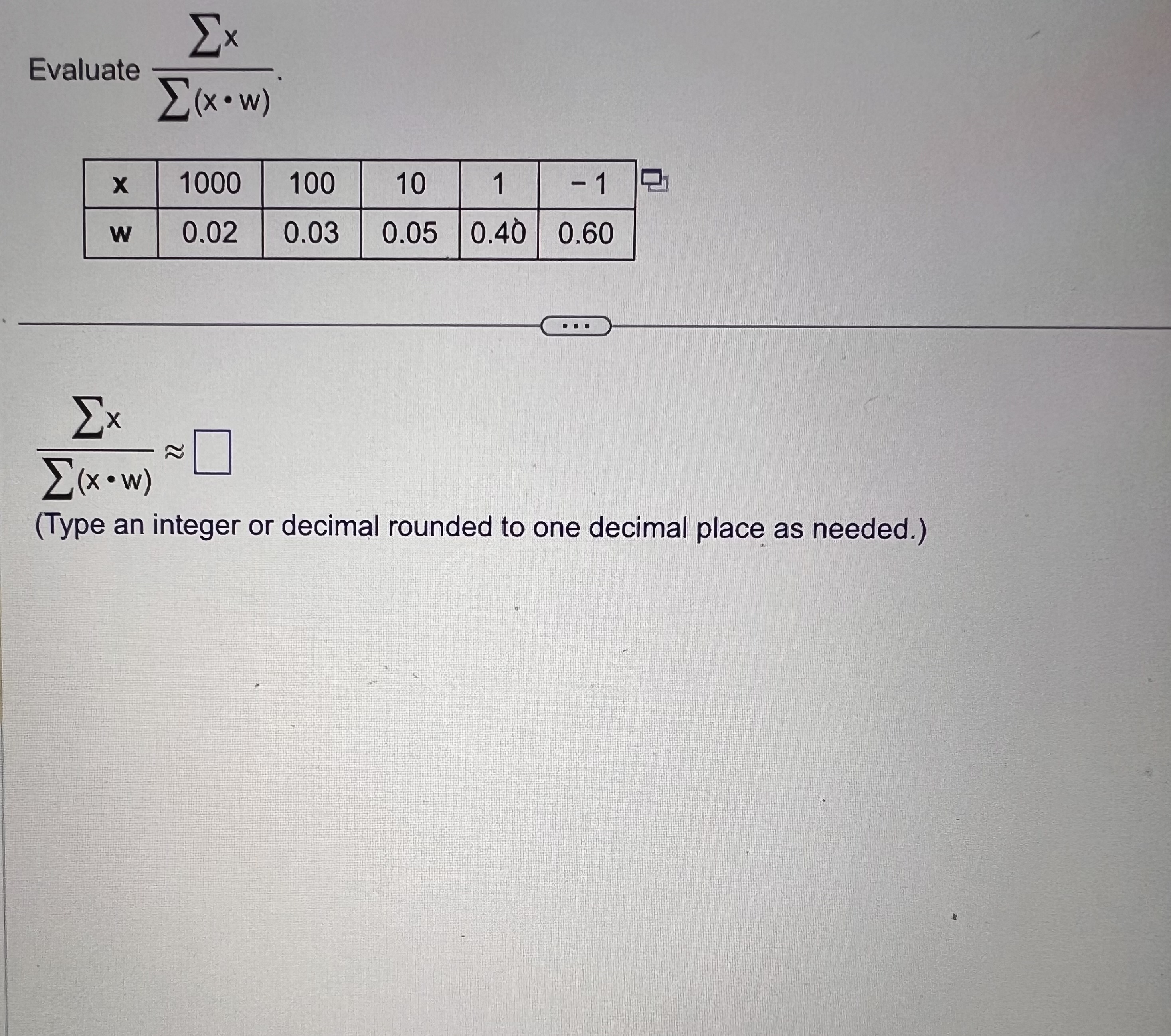Solved Evaluate ∑??x∑??(x*w)∑??x∑??(x*w)~~(Type an integer | Chegg.com
