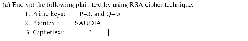 Solved (a) Encrypt the following plain text by using RSA | Chegg.com