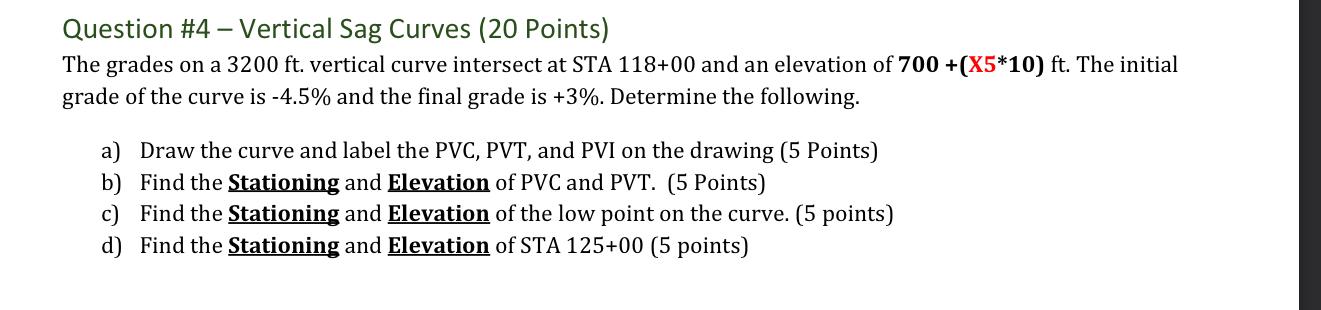 Solved Question #4 - Vertical Sag Curves (20 Points) The | Chegg.com