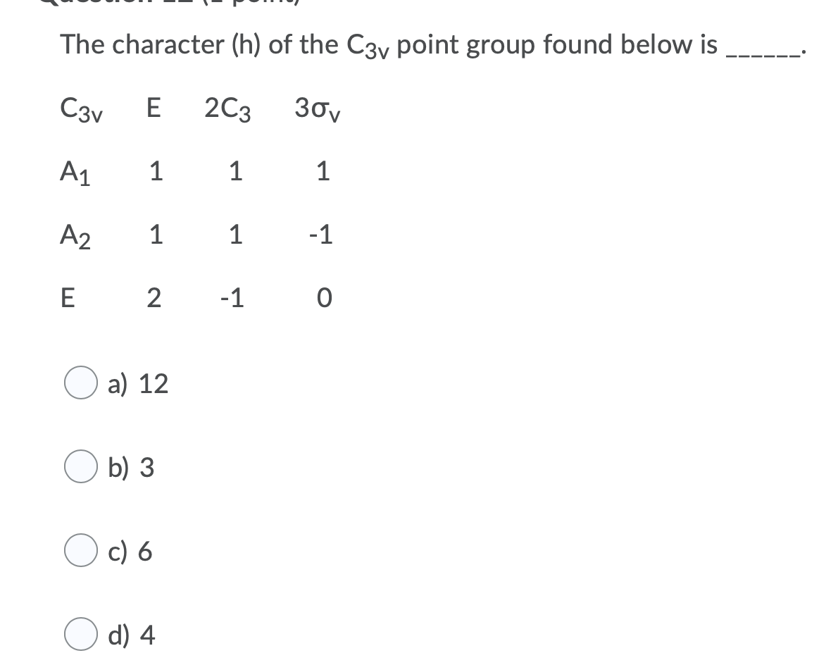 Solved The character (h) of the C3v point group found below | Chegg.com