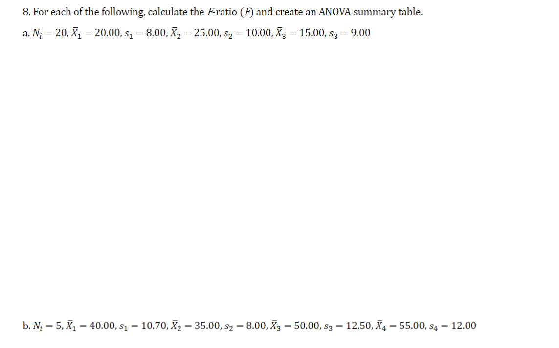 Solved 8. For each of the following, calculate the F-ratio | Chegg.com