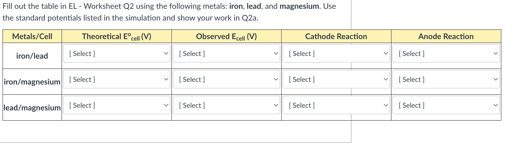 Solved Standard potentials - Fe = -.440 Pb = -.126 Mg = | Chegg.com