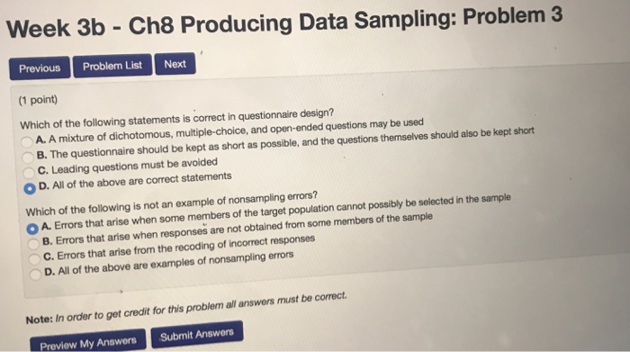 Solved Week 3b - Ch8 Producing Data Sampling: Problem 3 | Chegg.com