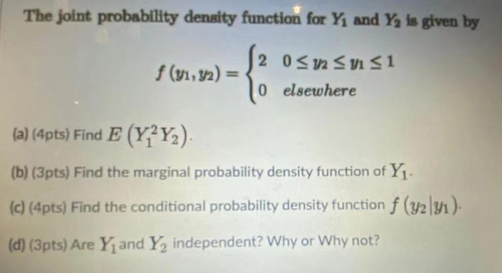 Solved The joint probability density function for Yi and Y, | Chegg.com