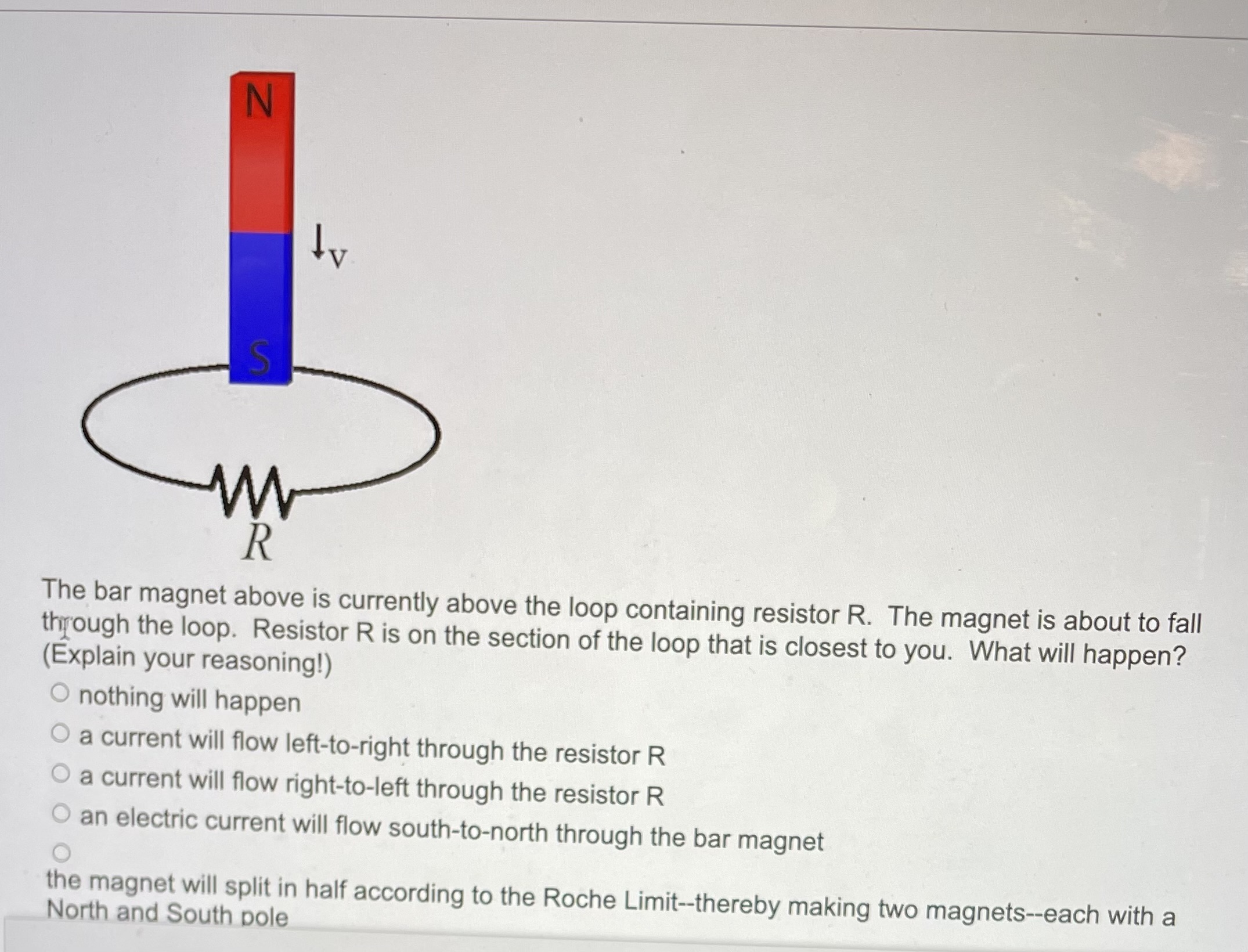 Solved The bar magnet above is currently above the loop | Chegg.com