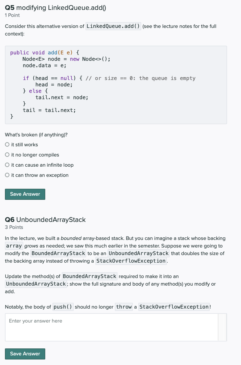 Solved public void add(E e) \{ Node node = new Node (); | Chegg.com