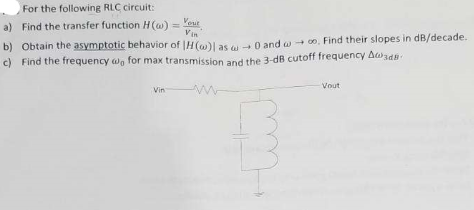 Solved For the following RLC circuit: a) Find the transfer | Chegg.com