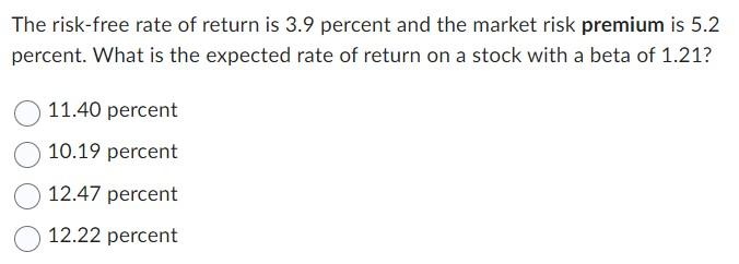 Solved The risk-free rate of return is 3.9 percent and the | Chegg.com