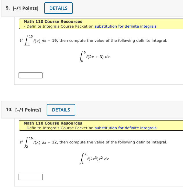 Solved Math 110 Course Resources - Definite Integrals Course | Chegg.com
