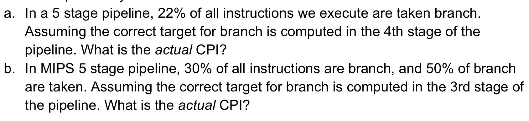Solved a. In a 5 stage pipeline, 22% of all instructions we | Chegg.com