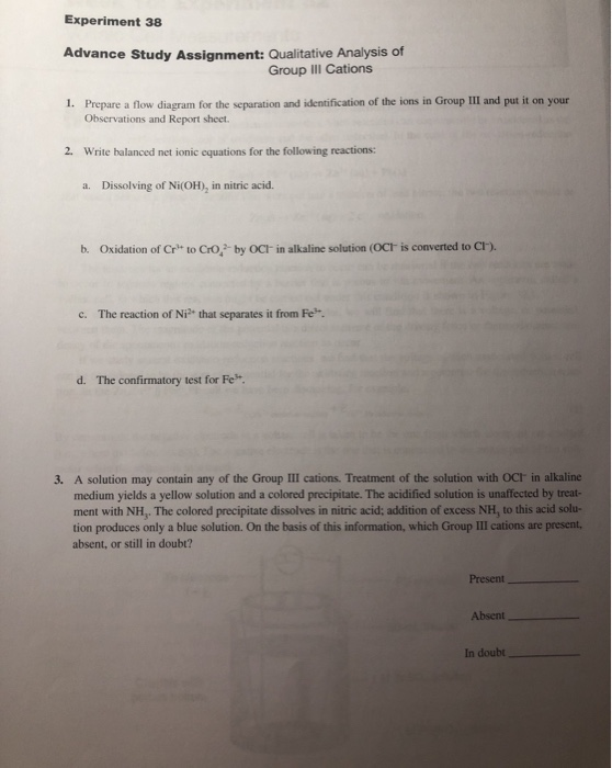 Experiment 38 Advance Study Assignment: Qualitative | Chegg.com