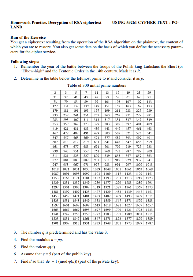 Solved Homework Practise. Decryption of RSA ciphertext LAND | Chegg.com