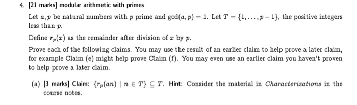 Solved 4. 21 marks] modular arithmetic with primes Let a, p | Chegg.com