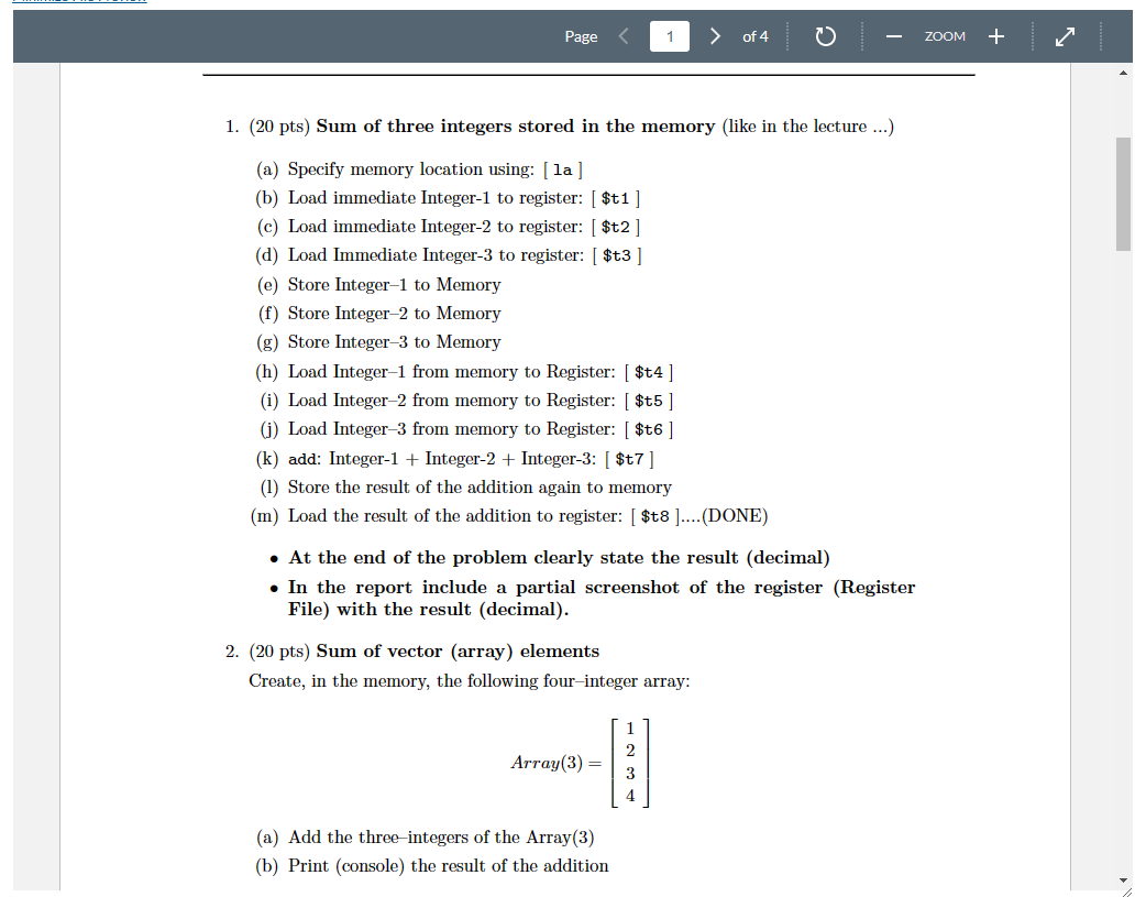 Solved 1. (20 pts) Sum of three integers stored in the | Chegg.com