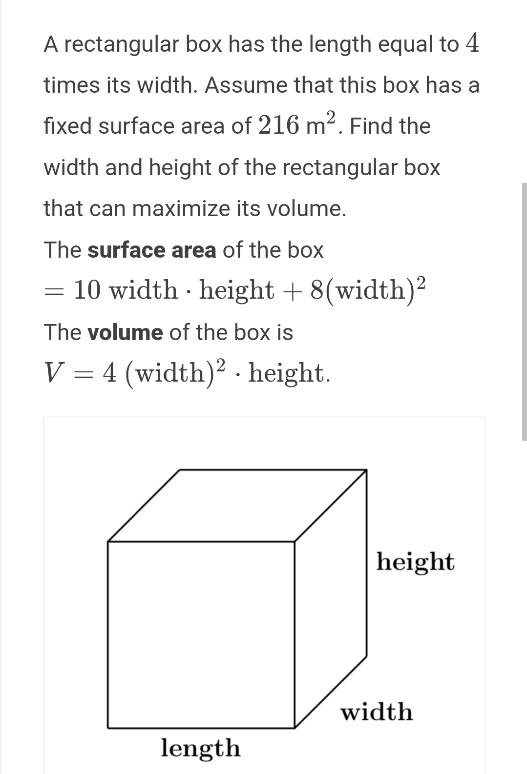 Solved A rectangular box has the length equal to 4 times its | Chegg.com