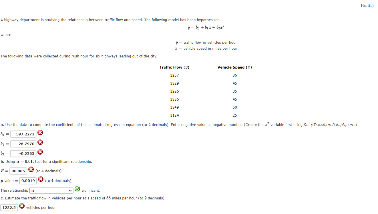 Solved y^=b0+b1x+b2x2 where y= traffic flow in vehicles per | Chegg.com