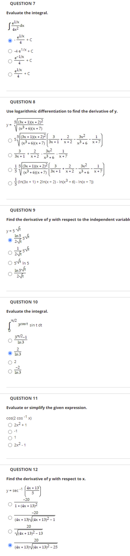 Solved QUESTION 7 Evaluate the integral. e1/x -dx 4x2 elx 4 | Chegg.com