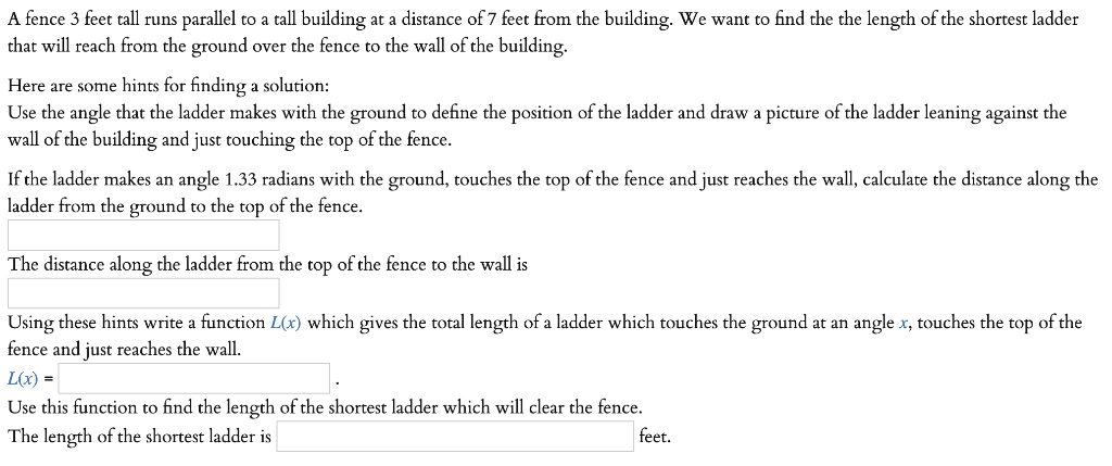 Solved A fence 3 feet tall runs parallel to a tall building | Chegg.com