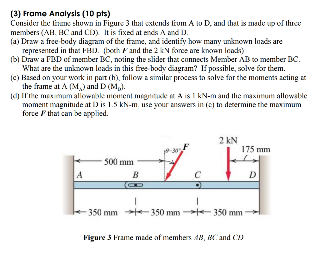 Solved (3) Frame Analysis (10 pts) Consider the frame shown | Chegg.com