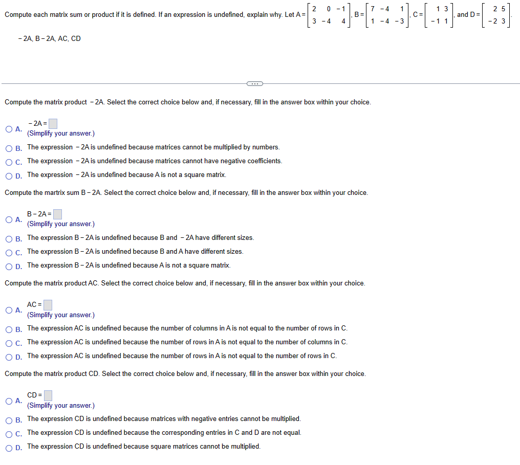 Solved Compute each matrix sum or product if it is defined. | Chegg.com