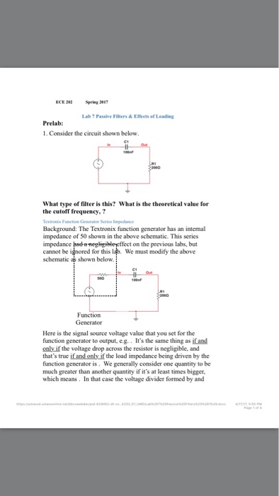 Solved Spring Lab 7 Passive Filters & Entrets Loading Prelab | Chegg.com