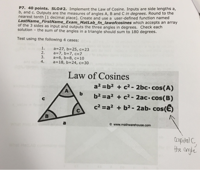 Solved P7. 40 points. SLO#2. Implement the Law of Cosine. | Chegg.com