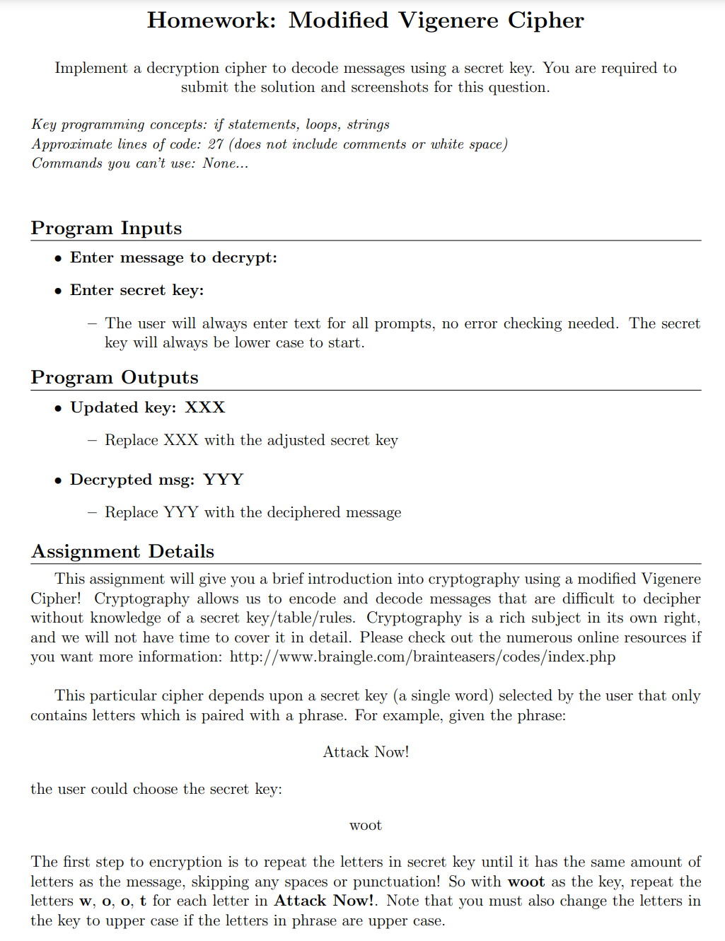Homework: Modified Vigenere Cipher Implement a | Chegg.com