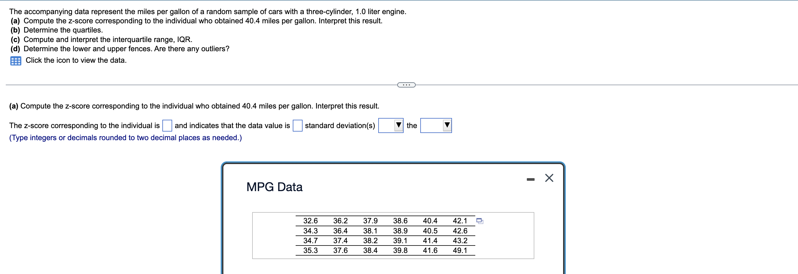 Solved The accompanying data represent the miles per gallon | Chegg.com