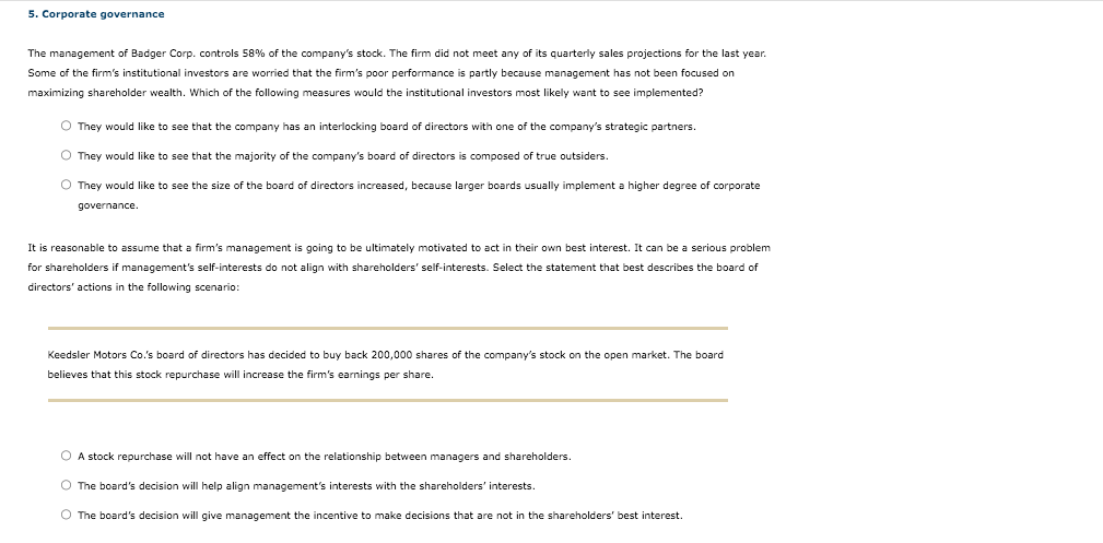 Solved The management of Badger Corp. controls 58% of the | Chegg.com