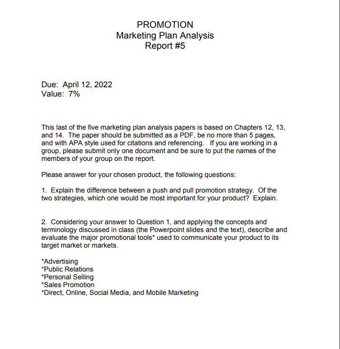 Solved PROMOTION Marketing Plan Analysis Report #5 Due: | Chegg.com