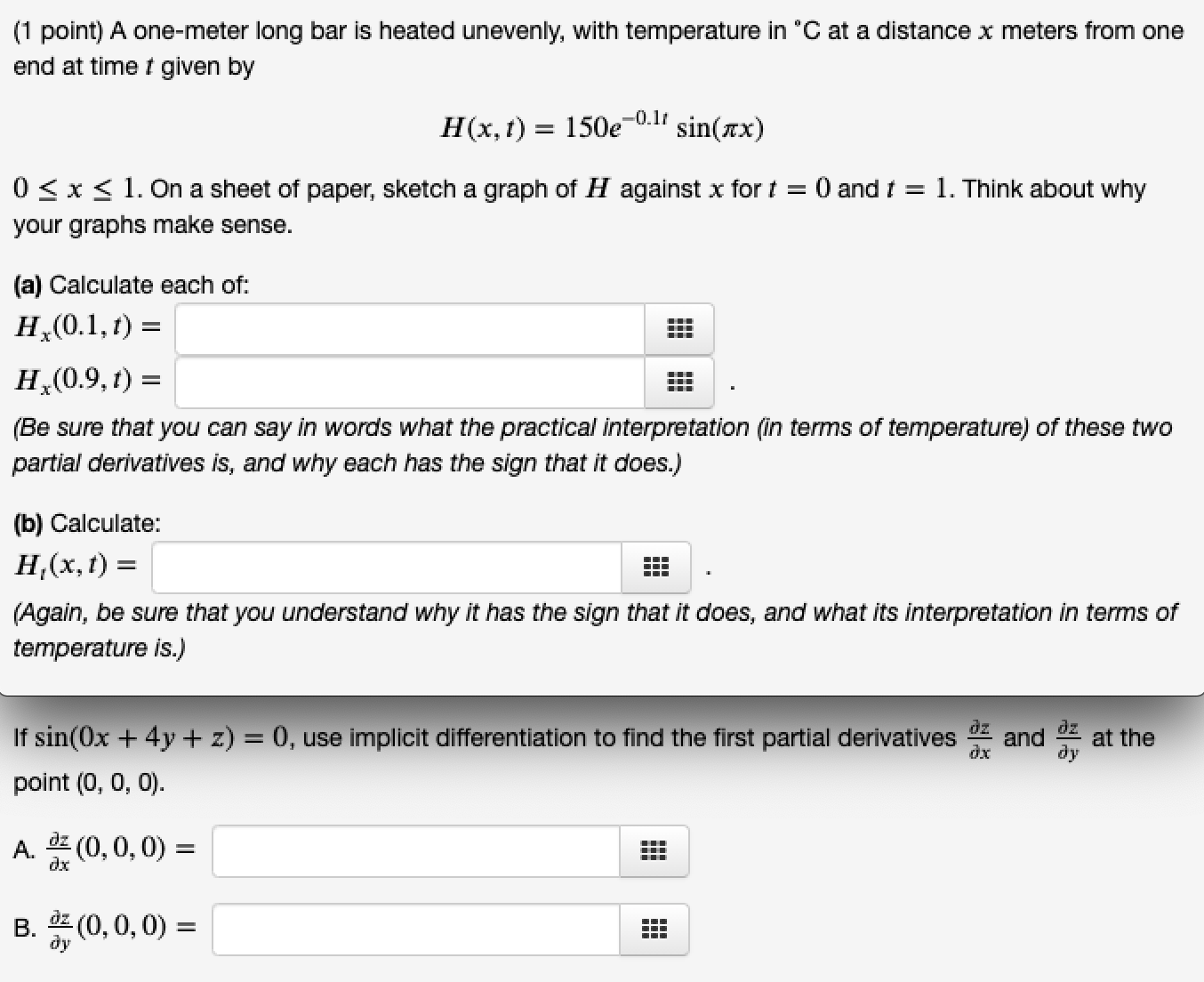 Solved (1 point) A one-meter long bar is heated unevenly, | Chegg.com