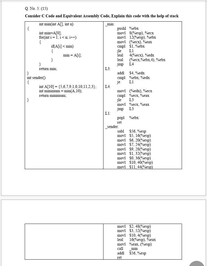 Q. No.5: (15) Consider C Code and Equivalent Assembly | Chegg.com