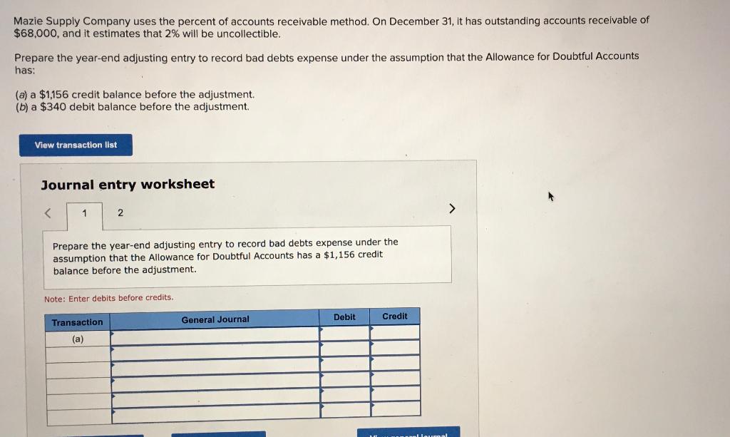 Solved Mazie Supply Company Uses The Percent Of Accounts Chegg