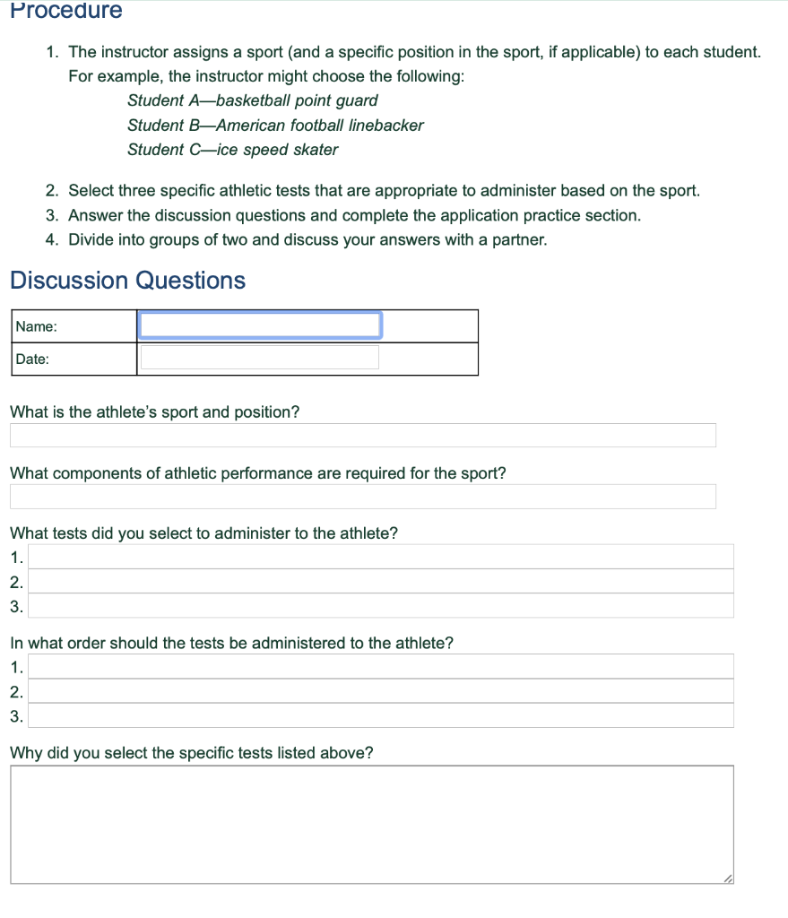 Procedure 1. The instructor assigns a sport (and a | Chegg.com