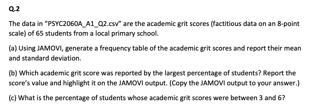 Solved Q.2 The data in "PSYC2060A_A1_Q2.csv" are the | Chegg.com