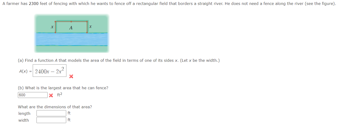 Solved A farmer has 2300 feet of fencing with which he wants | Chegg.com